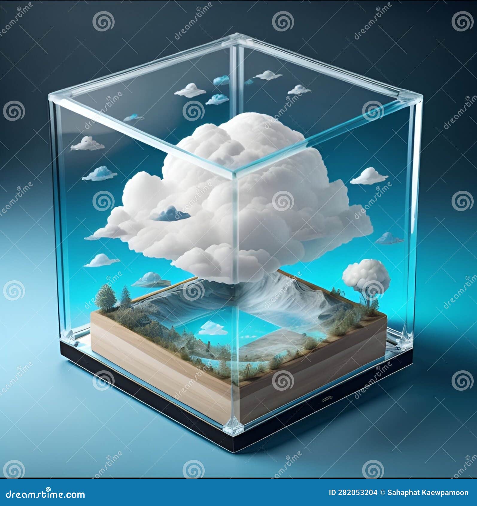 3d Illustration of a Cube with a Landscape and Clouds in it Stock ...