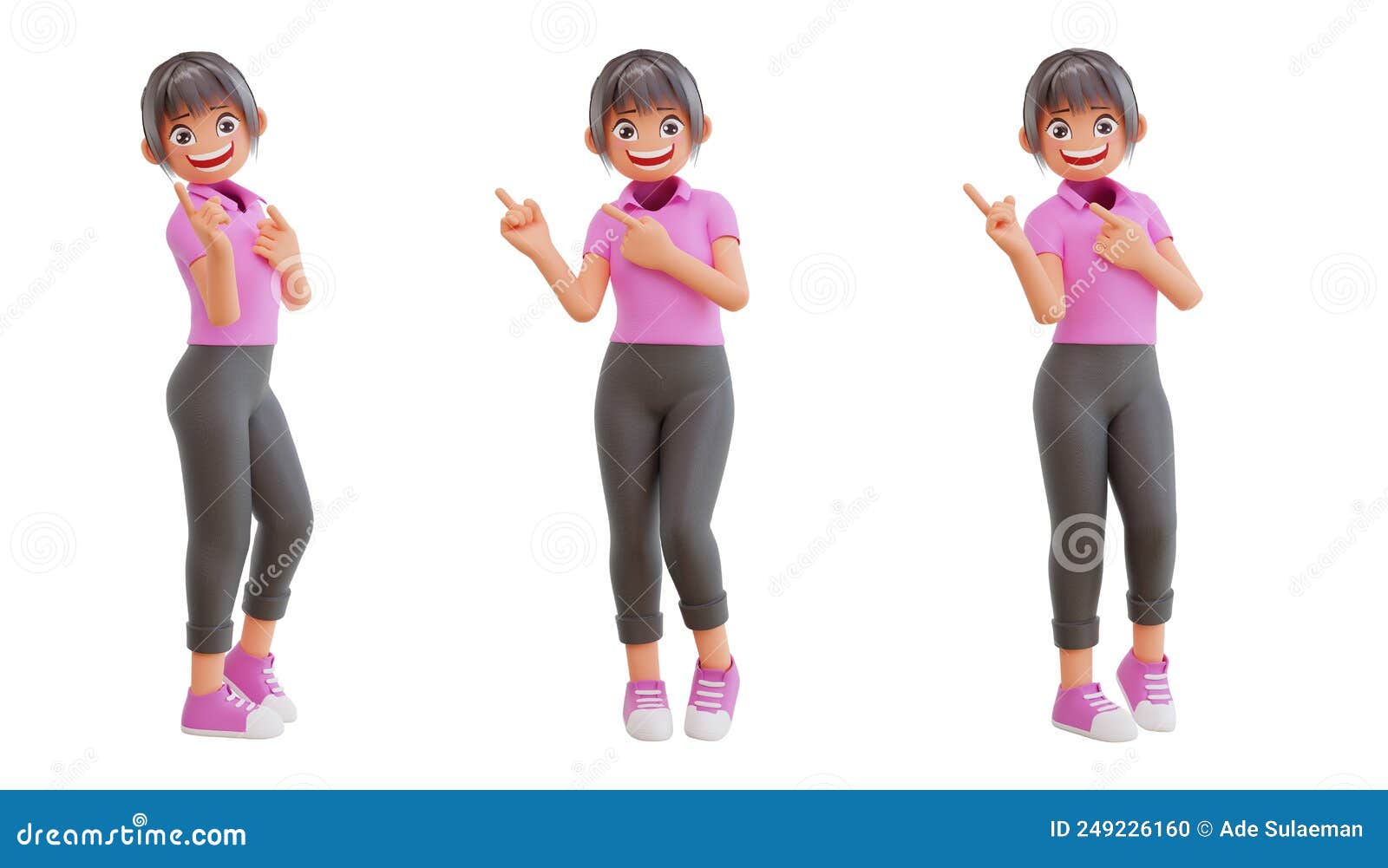 3d Illustration Cute Girls Pointing Up with Different Camera Angle ...