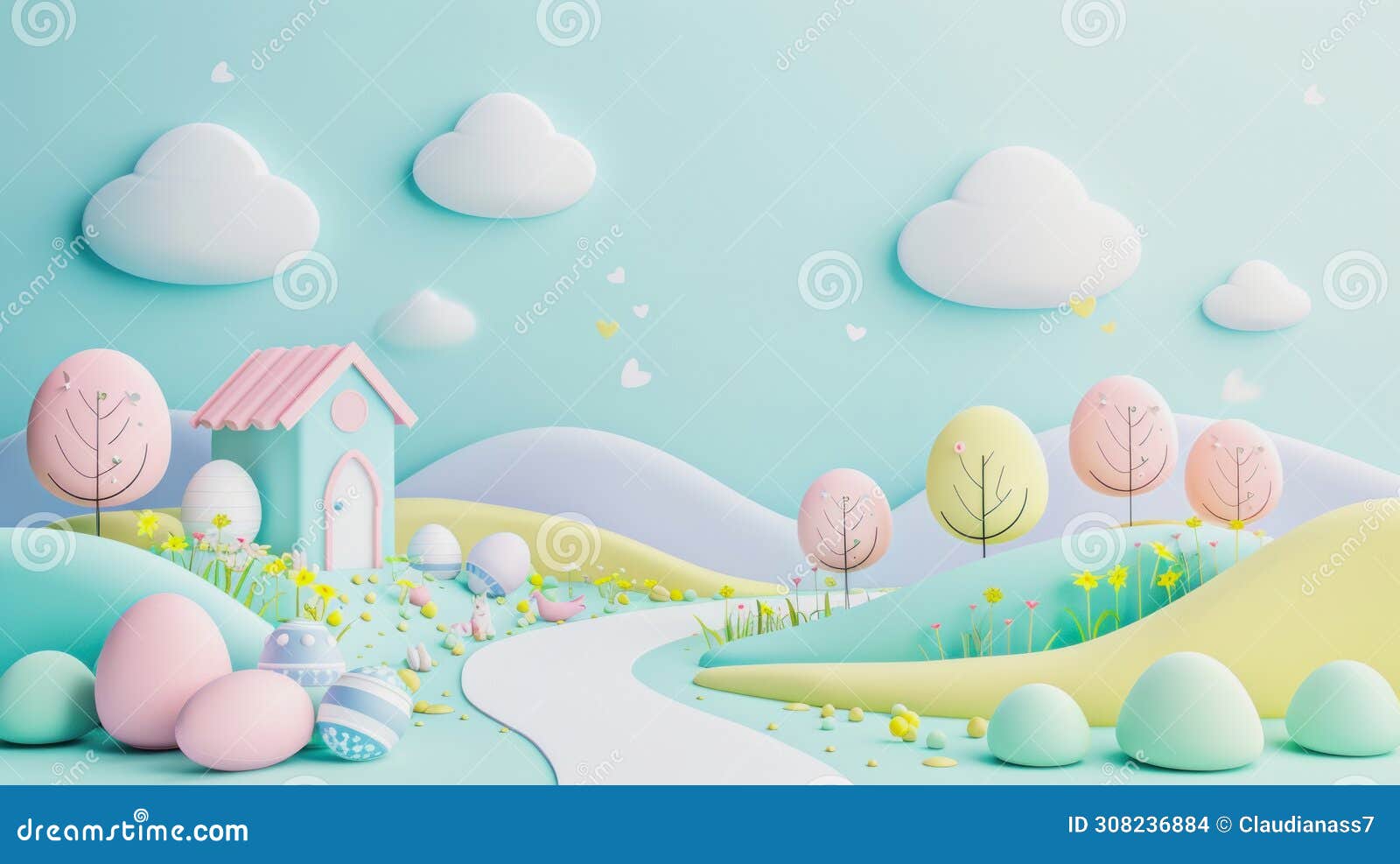 3d Illustration of a Cute Pastel Colored Easter Land with a Small House ...