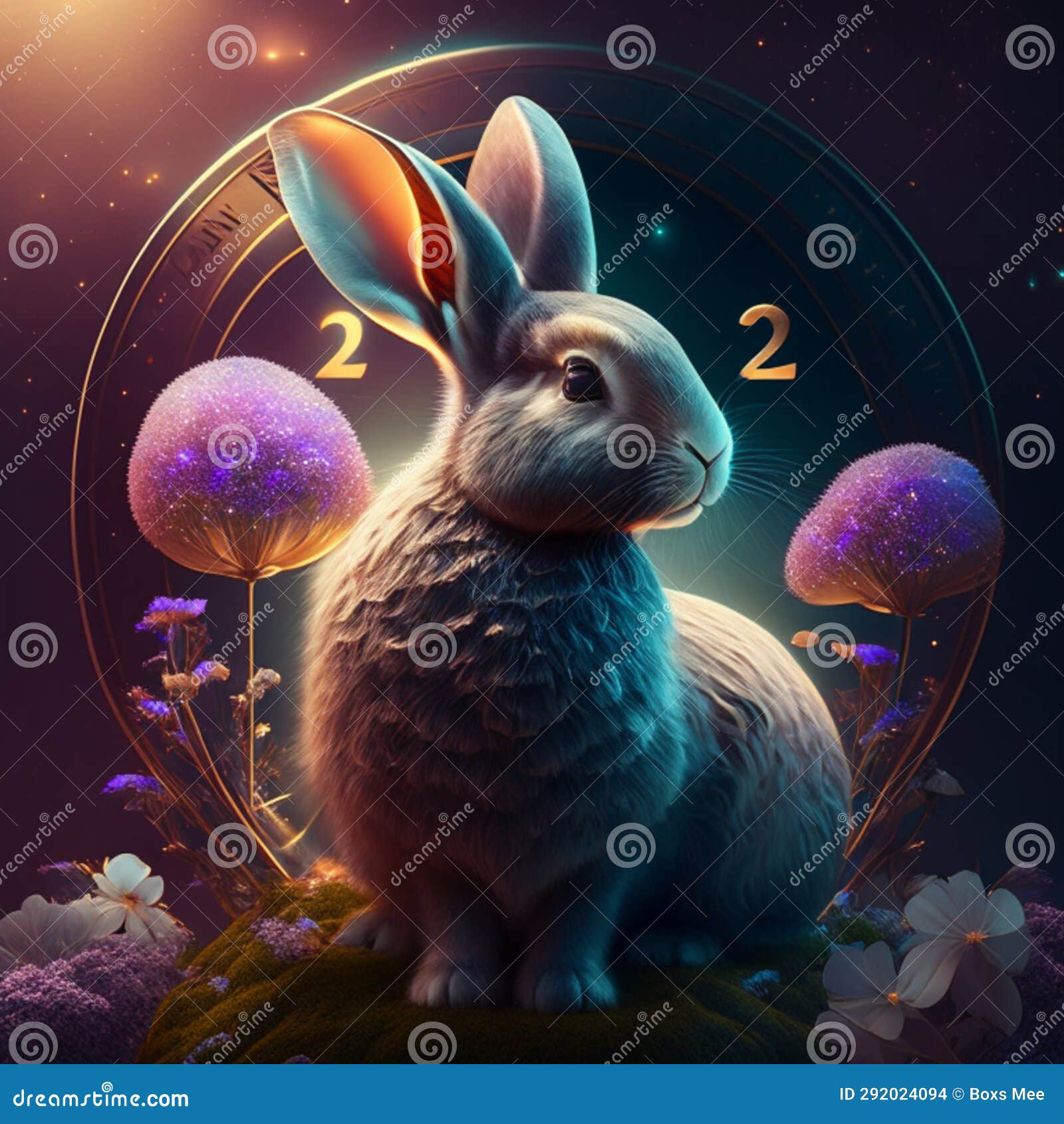 3d Illustration of a Cute Rabbit with a Clock and Fantasy Planets AI ...