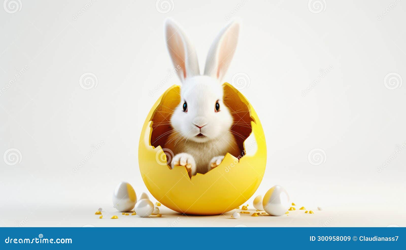 3d Illustration of a Cute White Easter Bunny Sitting in a Yellow Egg ...