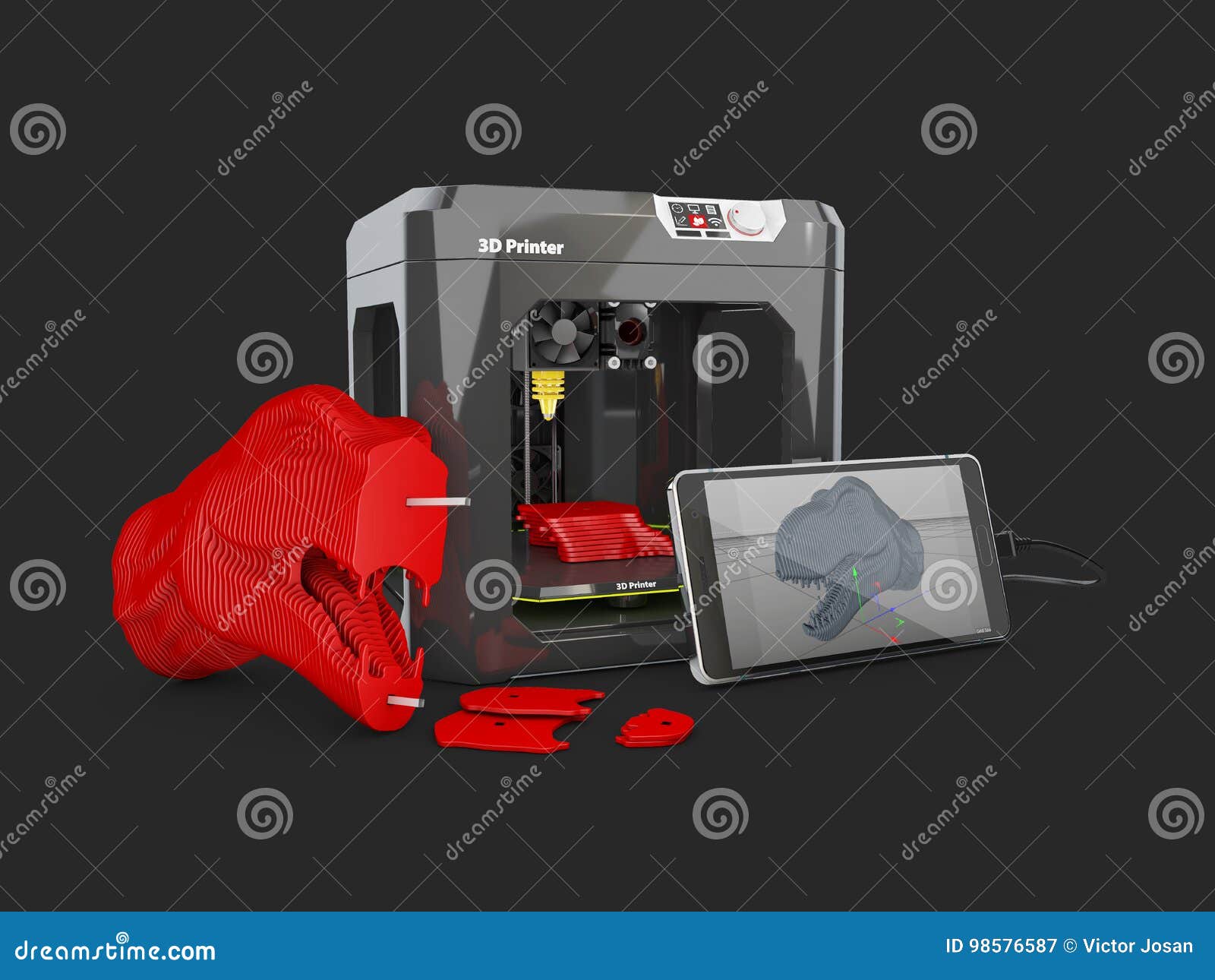 3d Illustration of 3D Printer and 3D Sample Model. 3D Rendering Image ...