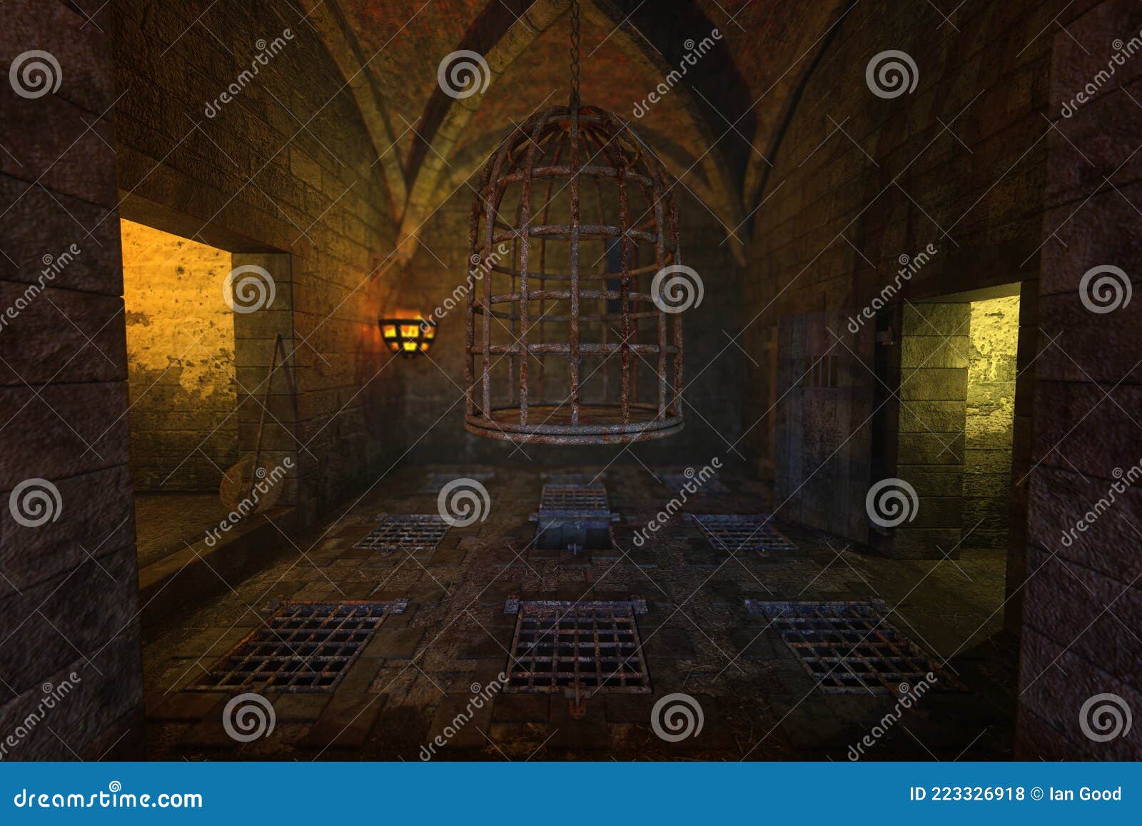 3D Illustration of a Dark Medieval Underground Dungeon with Cage ...