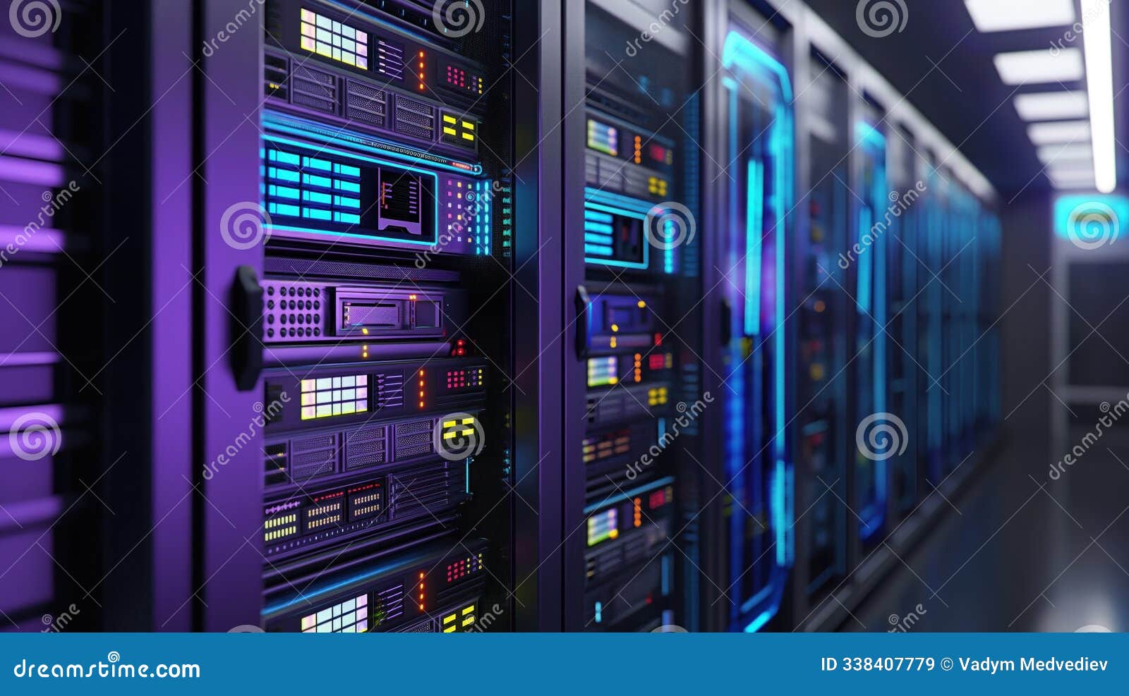 3D Illustration of Data Center Server Room with Rackmount LED Console ...