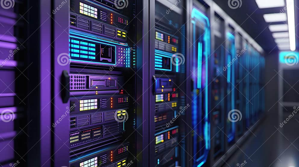 3D Illustration of Data Center Server Room with Rackmount LED Console ...