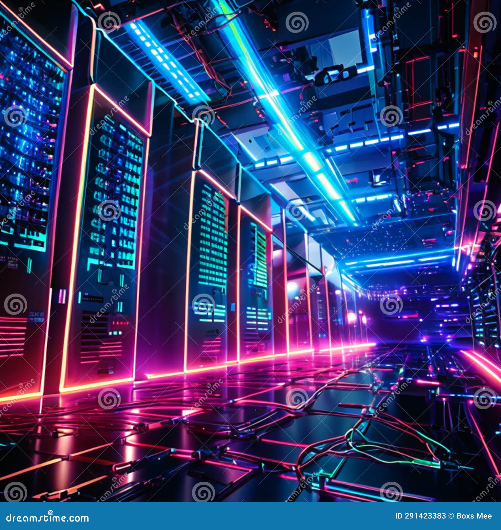 3d Illustration of a Datacenter Server Room with Neon Lights Generative ...