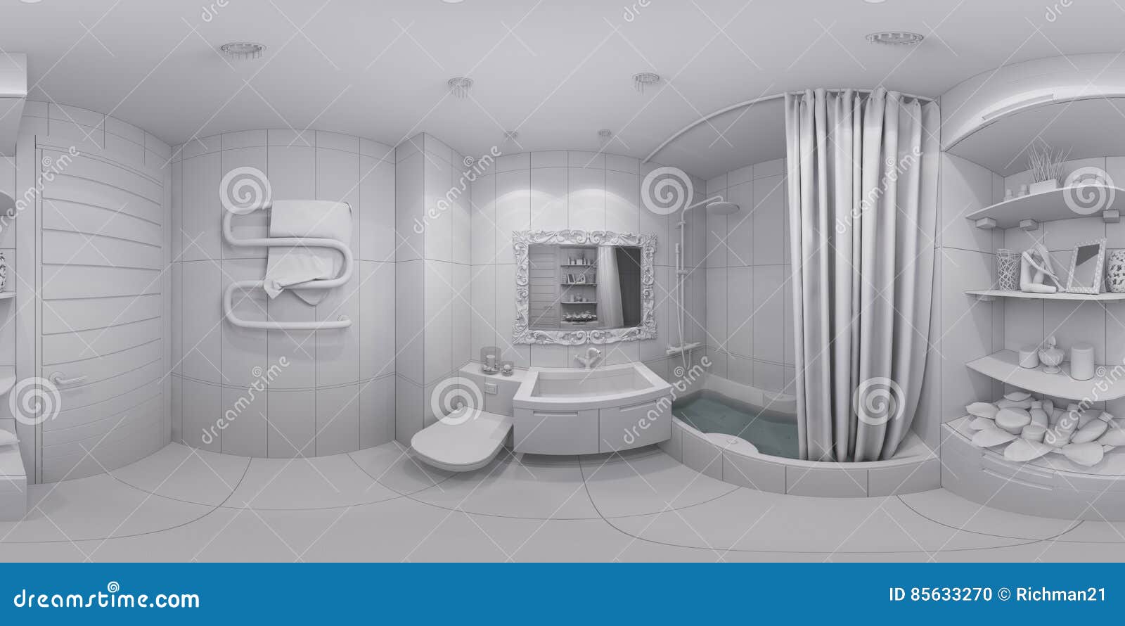 3d Illustration 360 Degrees Panorama of Bathroom Stock Illustration ...
