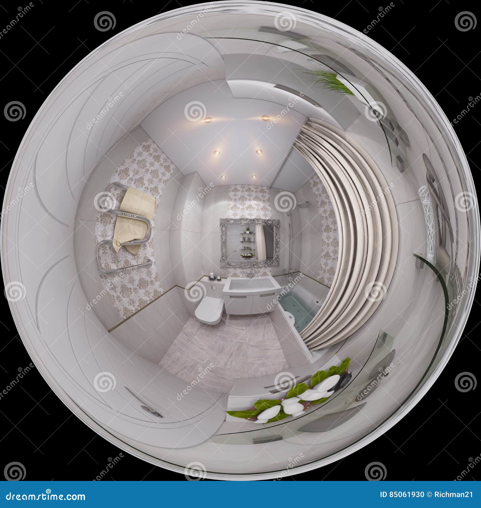 3d Illustration 360 Degrees, Seamless Panorama of Bathroom Inter Stock ...