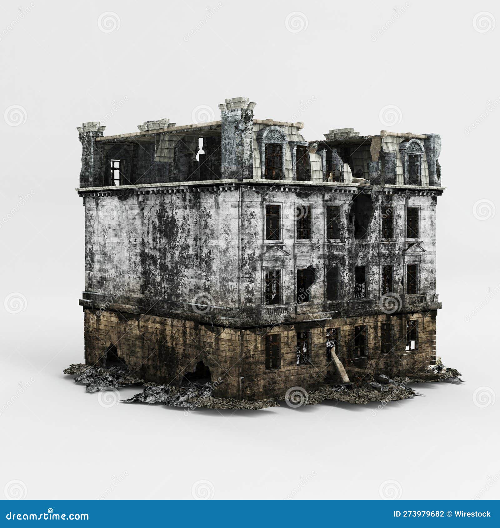 A 3d Rendering of a Destroyed Building on a White Surface Stock ...