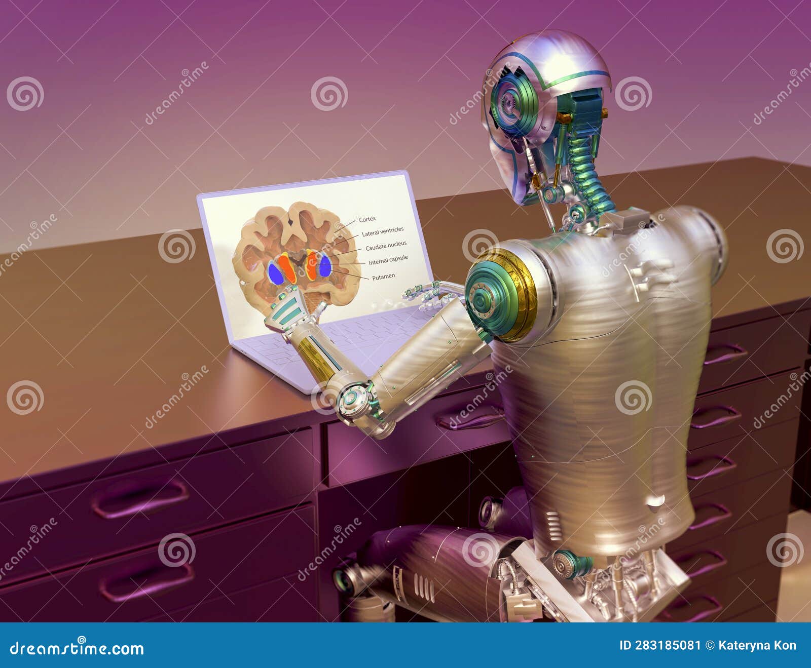 A 3D Illustration Depicting a Humanoid Robot Working with a Laptop ...