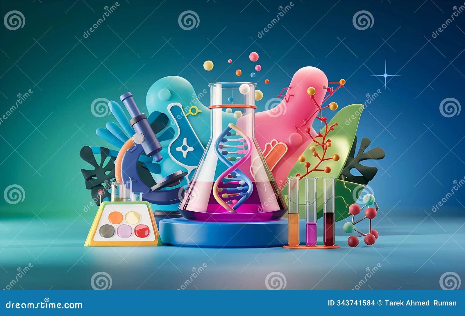 A 3D Illustration Depicting A Science Lab With Colorful Elements. It ...