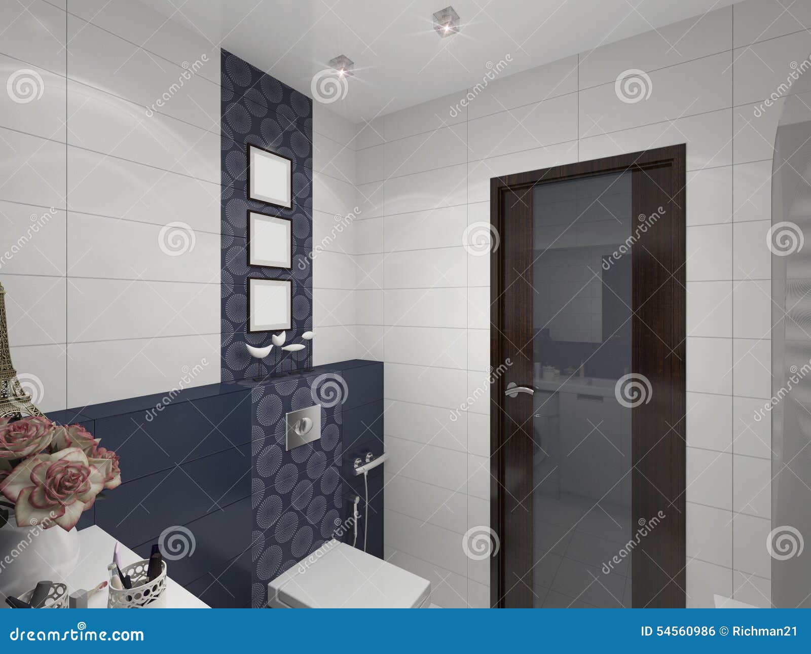 3D Illustration of Design of a Bathroom in Blue Color Stock ...