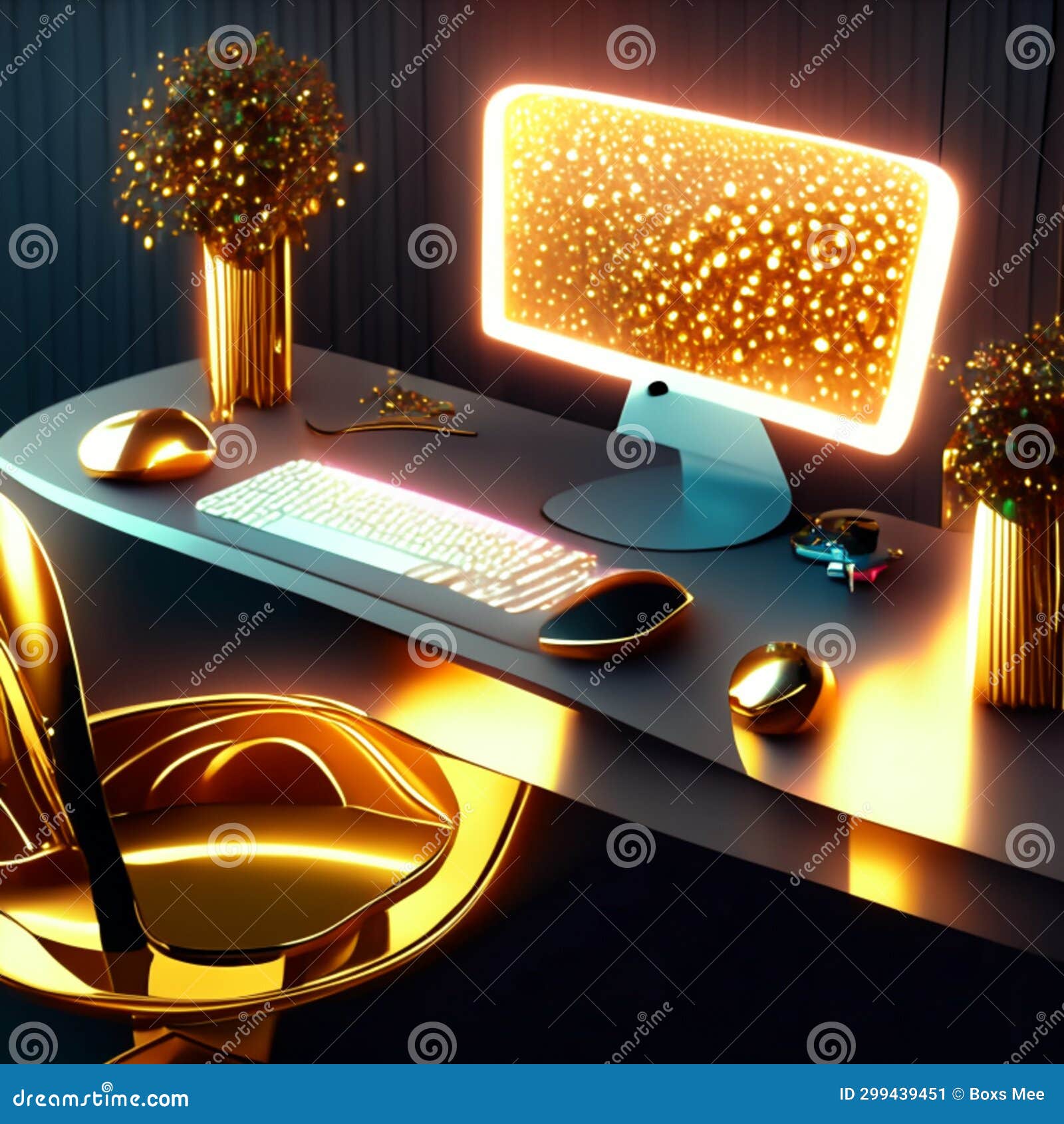 3d Illustration of a Desktop Computer with a Gold Screen and a Plant on ...