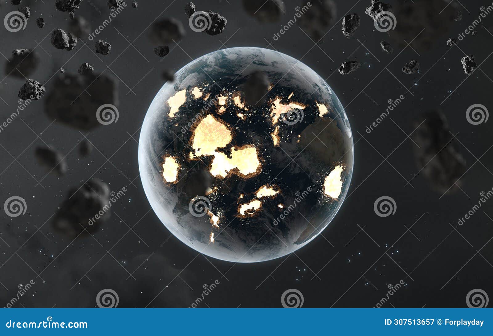 3D Illustration of Destruction of the Planet Earth. Asteroid Impact ...