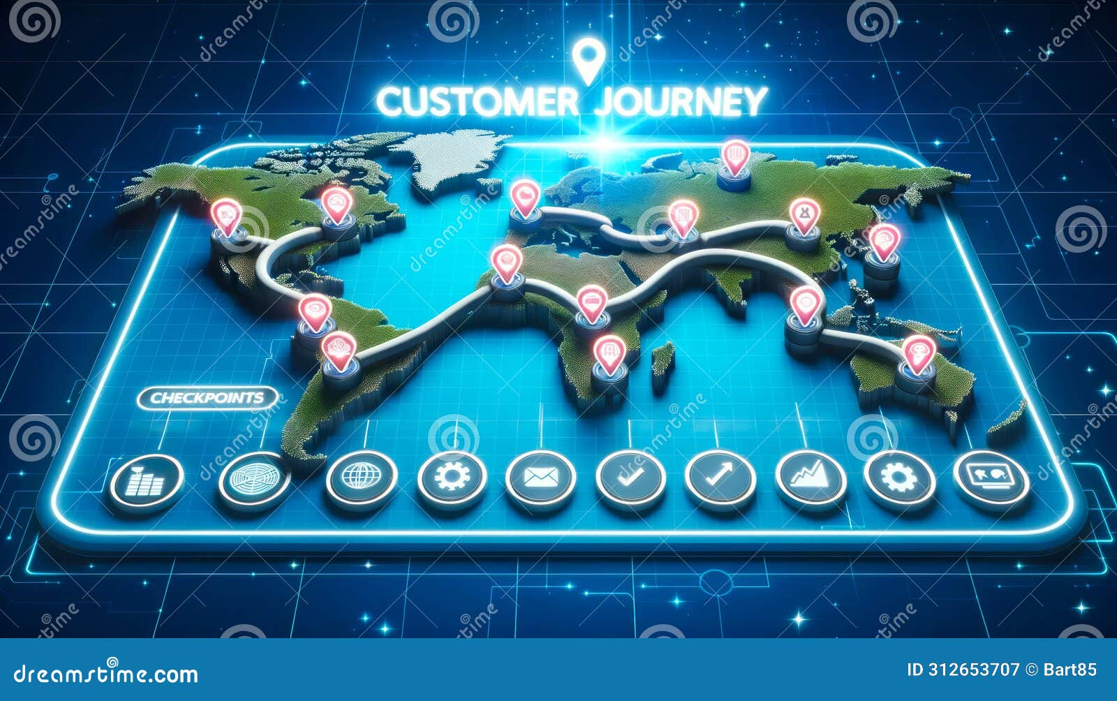 3D Illustration of a Digital Dashboard Displaying a Map with ...