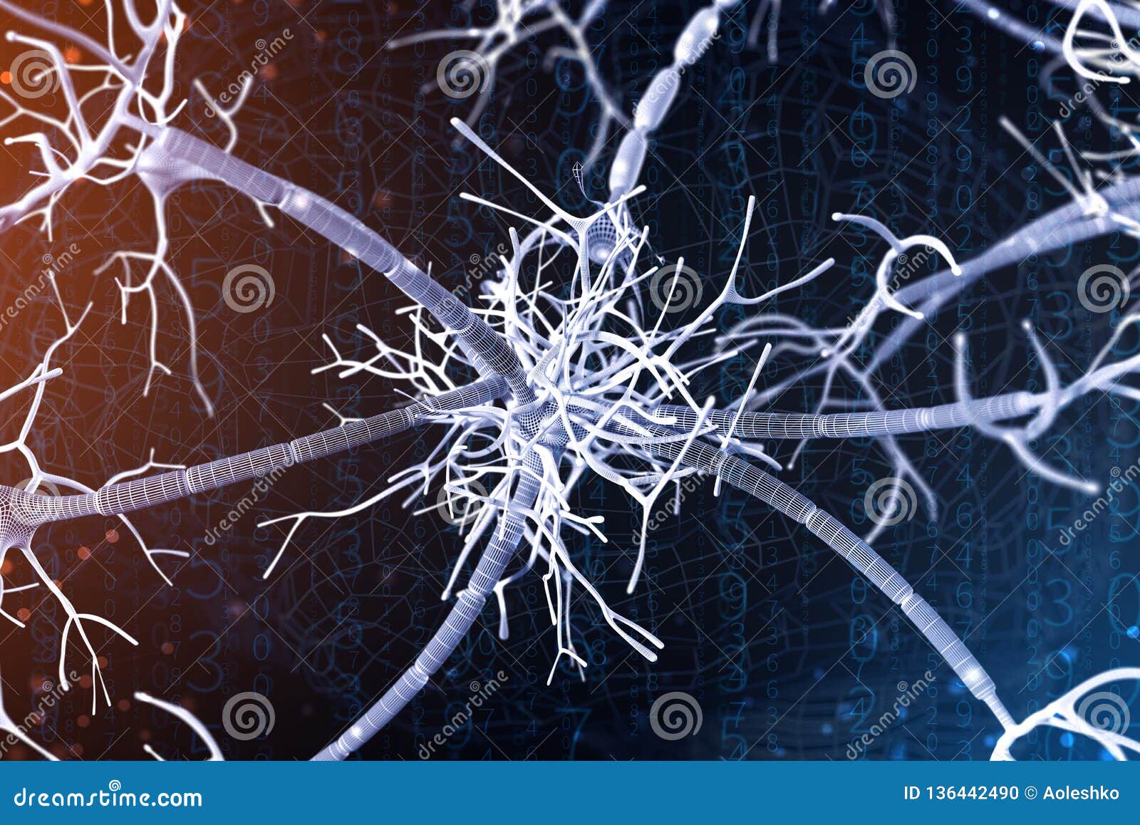 3d Illustration of a Digital Neuron and Neural Networks. Concept of ...