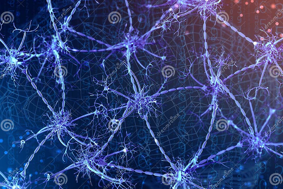 3d Illustration of a Digital Neuron and Neural Networks. Concept of ...