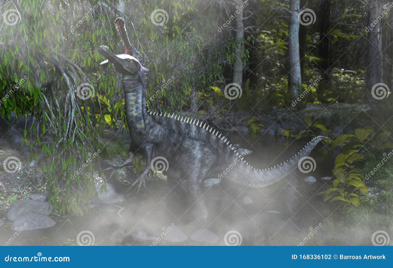 3D Illustration of Dinosaur Eating a Big Fish in a Prehistoric Forest ...