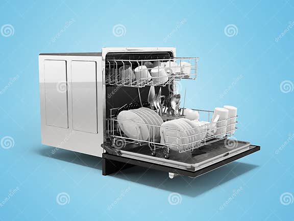 3D Illustration of Dishwasher with Programs with Dishes Open on Blue ...