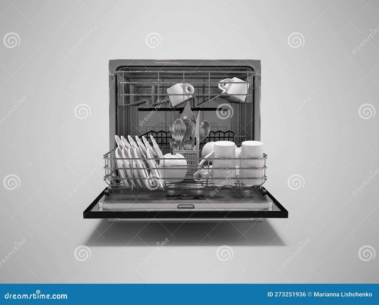 3D Illustration of Dishwasher with Programs with Dishes Open Front View ...