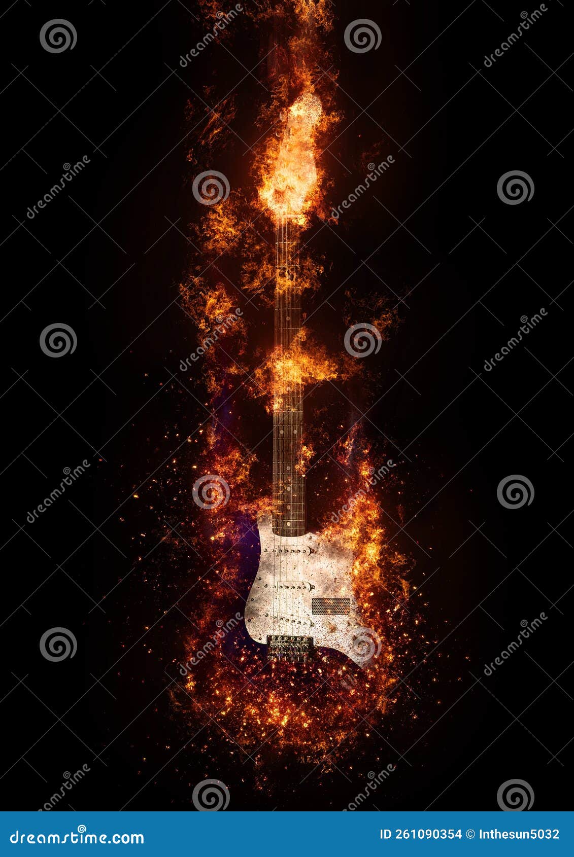 3d Illustration of Electric Guitar with Exploding and Burning Flames ...