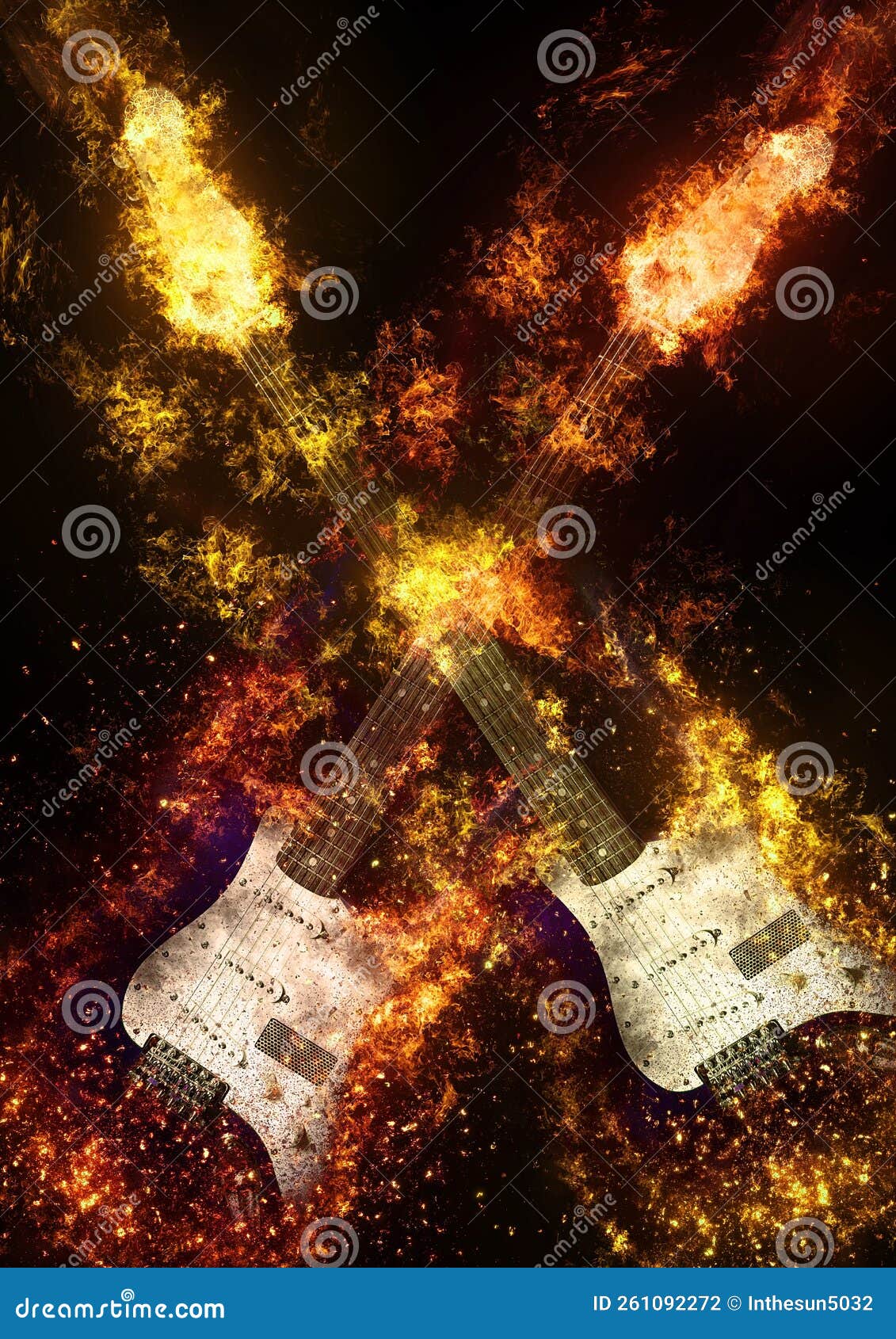 3d Illustration of Electric Guitar with Exploding and Burning Flames ...