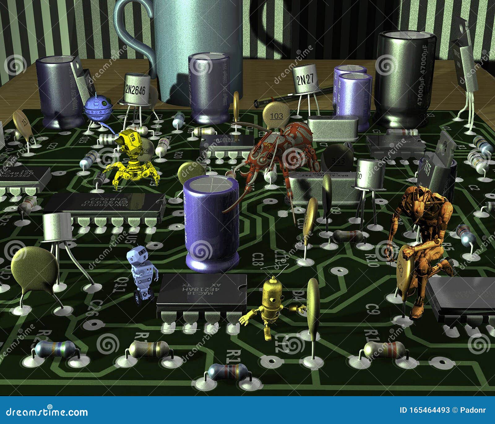 3D Illustration of Electronic Circuit Board and Robots Stock ...