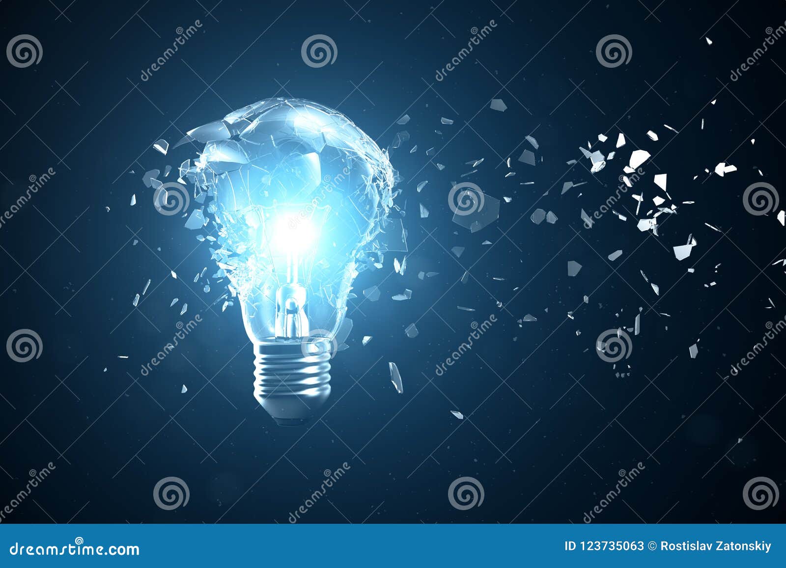 3D Illustration Exploding Light Bulb on a Blue Background, with Concept ...