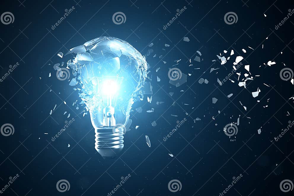 3D Illustration Exploding Light Bulb on a Blue Background, with Concept ...