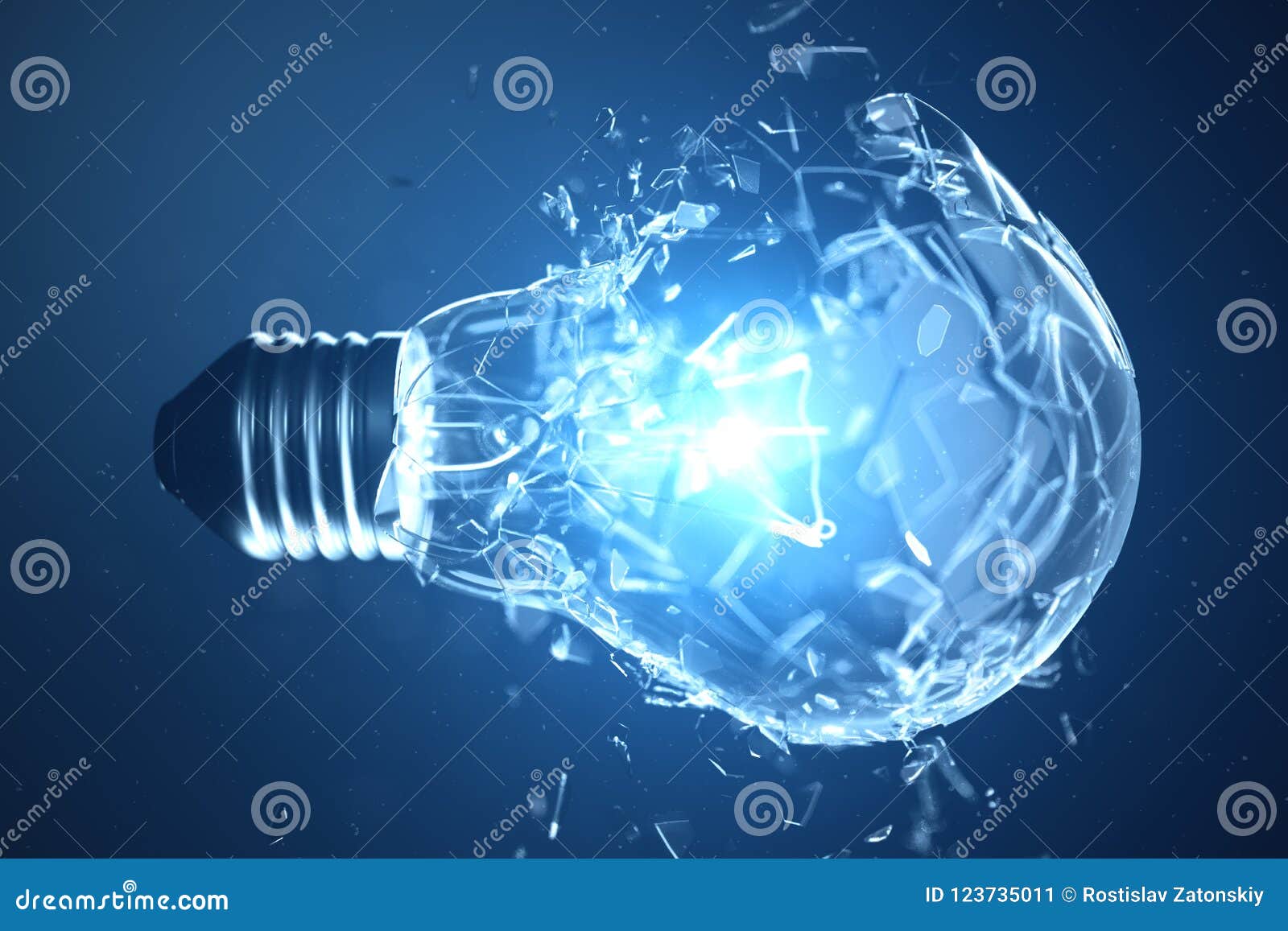 3D Illustration Exploding Light Bulb on a Blue Background, with Concept ...
