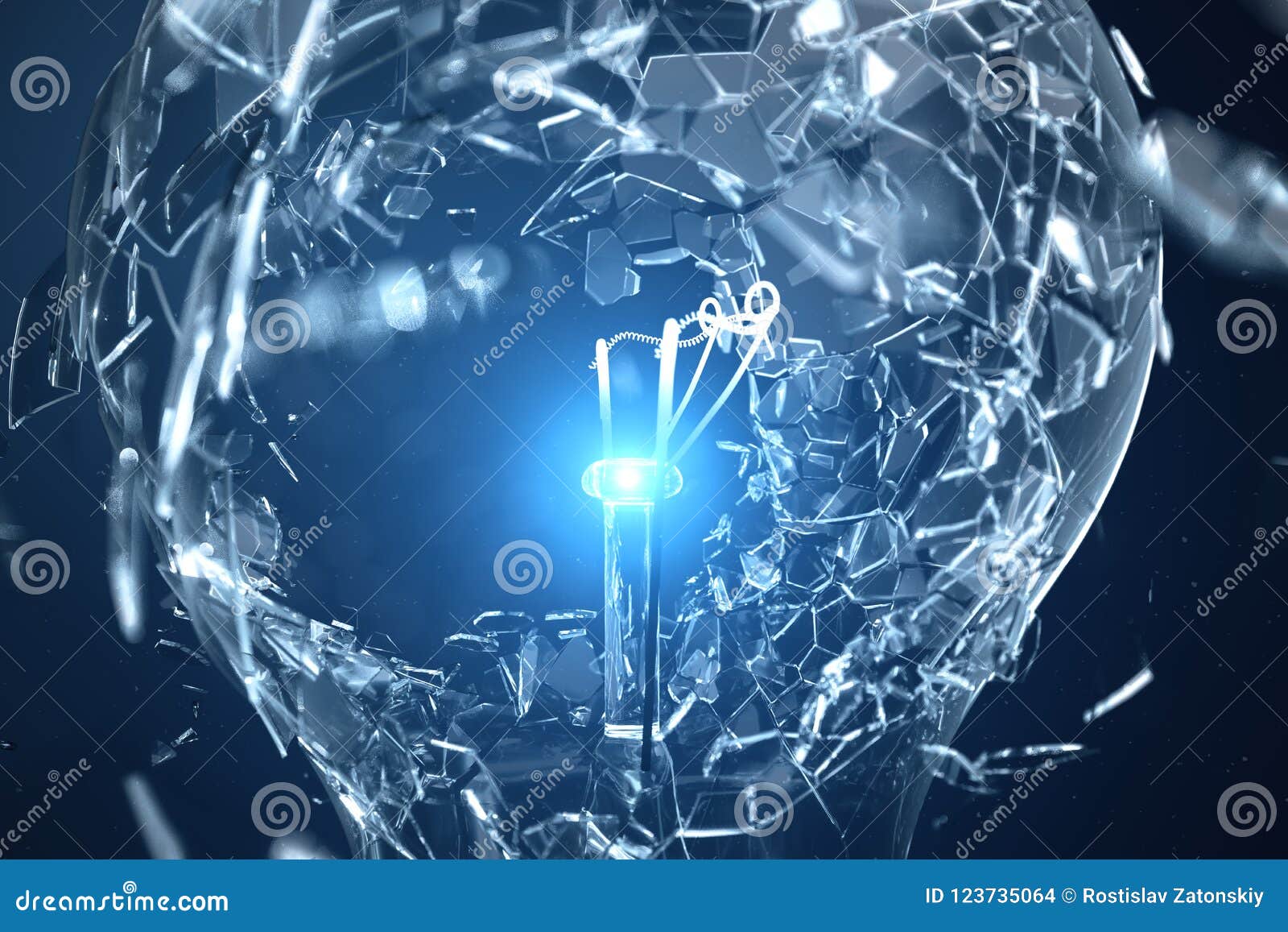 3D Illustration Exploding Light Bulb on a Blue Background, with Concept ...