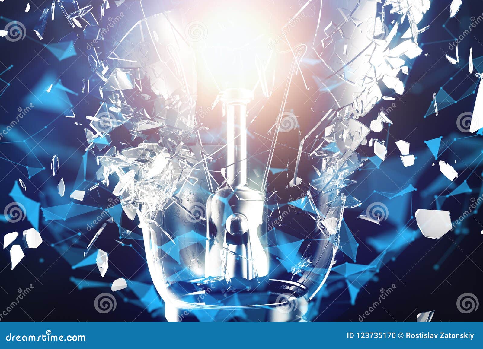 3D Illustration Exploding Light Bulb on a Blue Background, Concept ...