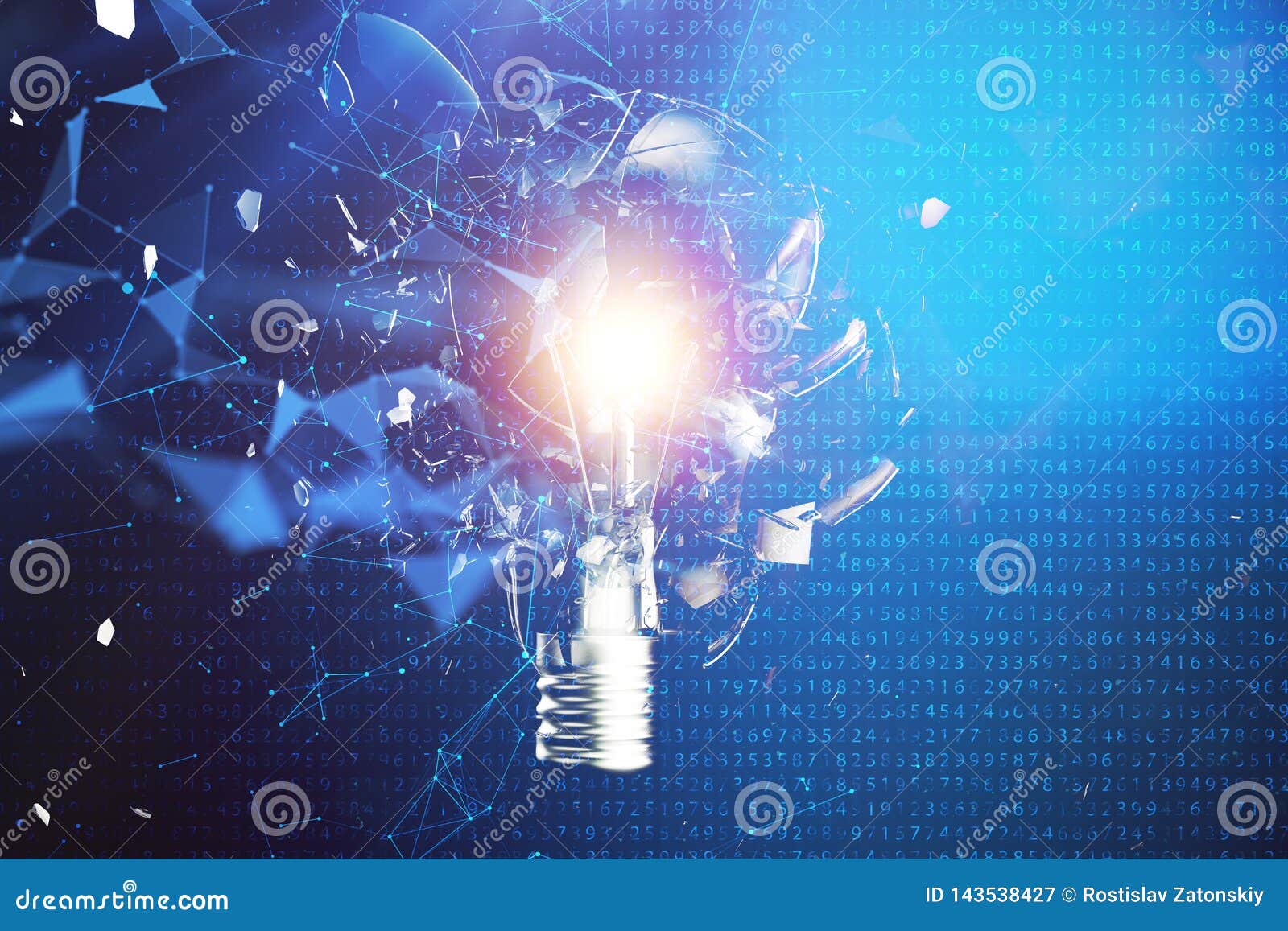 3D Illustration Exploding Light Bulb on a Blue Background, Concept ...