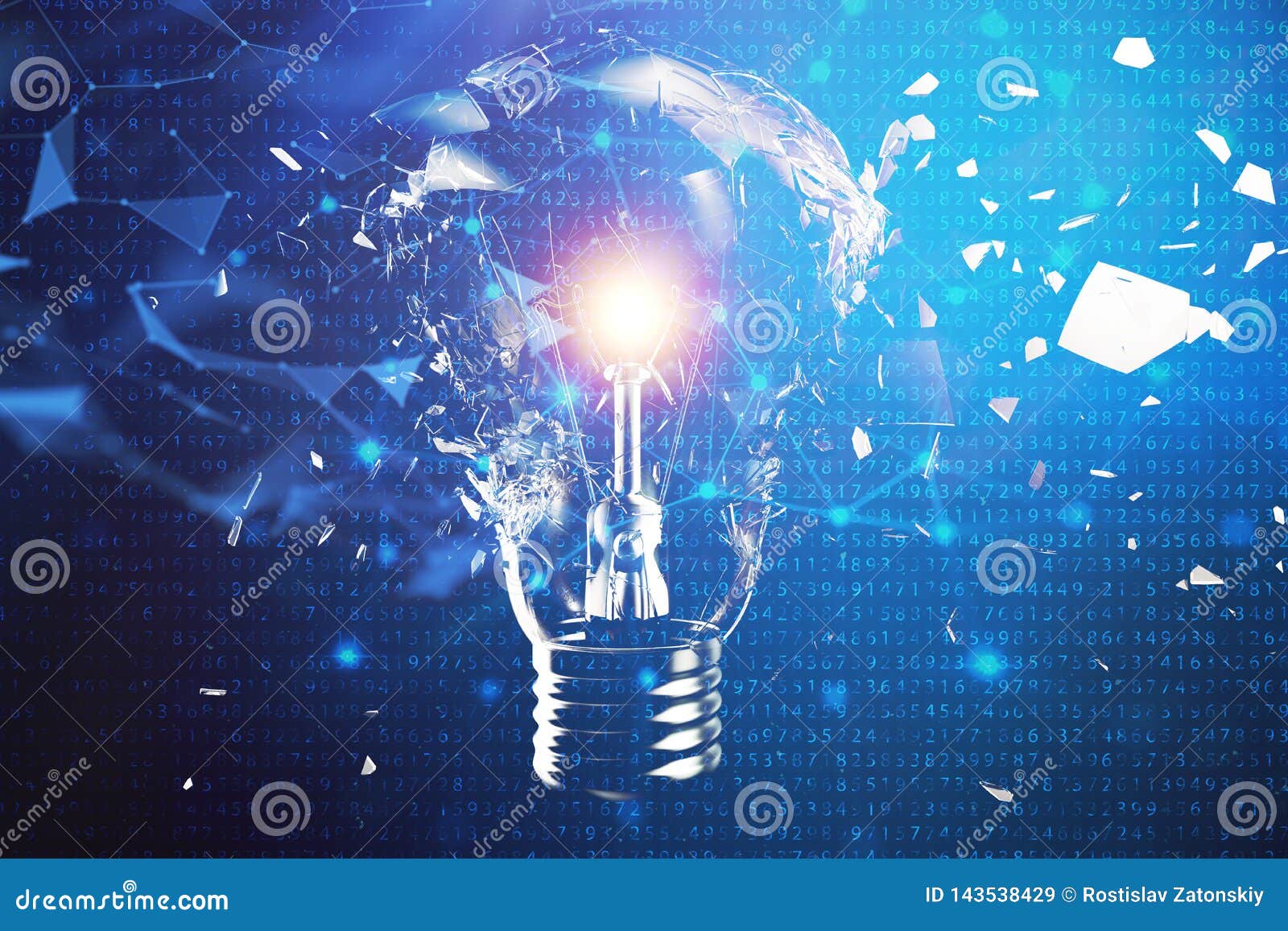 3D Illustration Exploding Light Bulb on a Blue Background, Concept ...