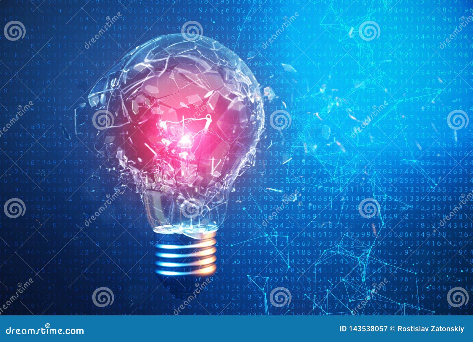 3D Illustration Exploding Light Bulb on a Blue Background, with Concept ...