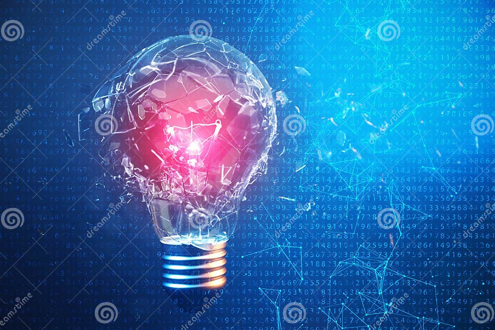 3D Illustration Exploding Light Bulb on a Blue Background, with Concept ...