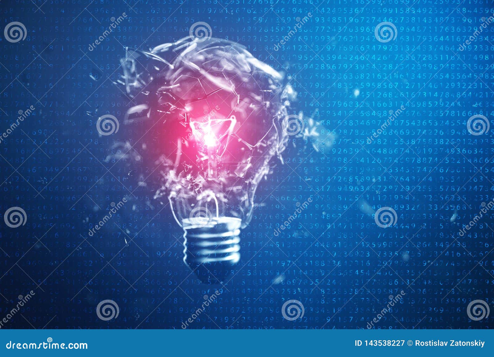 3D Illustration Exploding Light Bulb on a Blue Background, with Concept ...