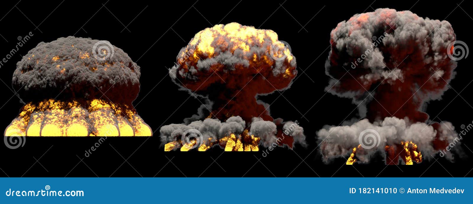 3D Illustration of Explosion - 3 Big Different Phases Fire Mushroom ...