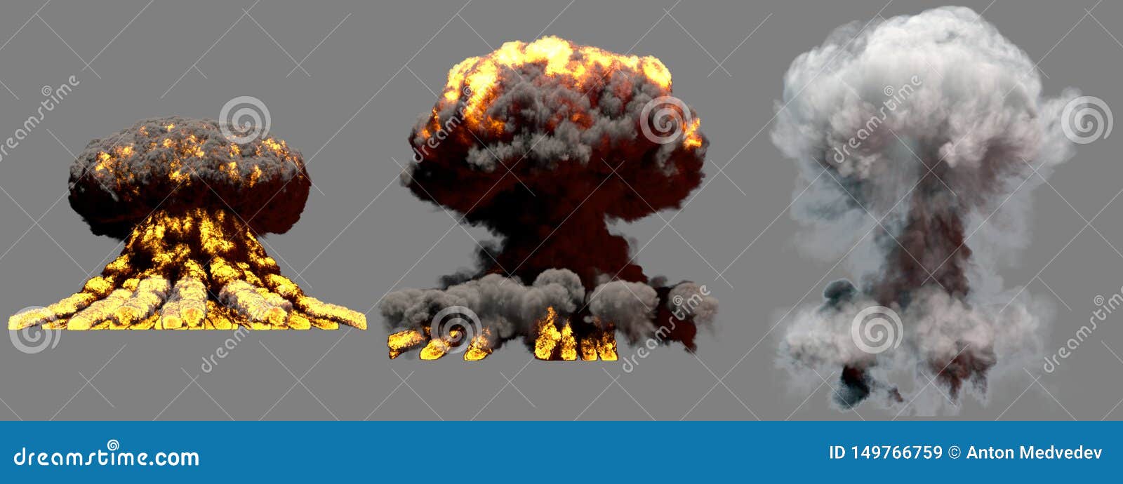 3D Illustration of Explosion - 3 Huge Different Phases Fire Mushroom ...