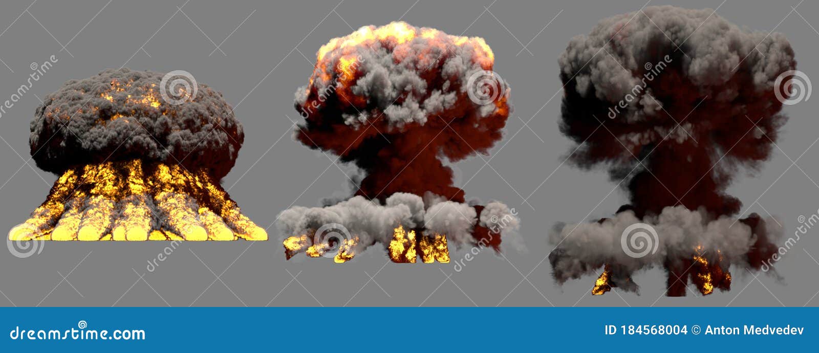 3D Illustration of Explosion - 3 Large Different Phases Fire Mushroom ...