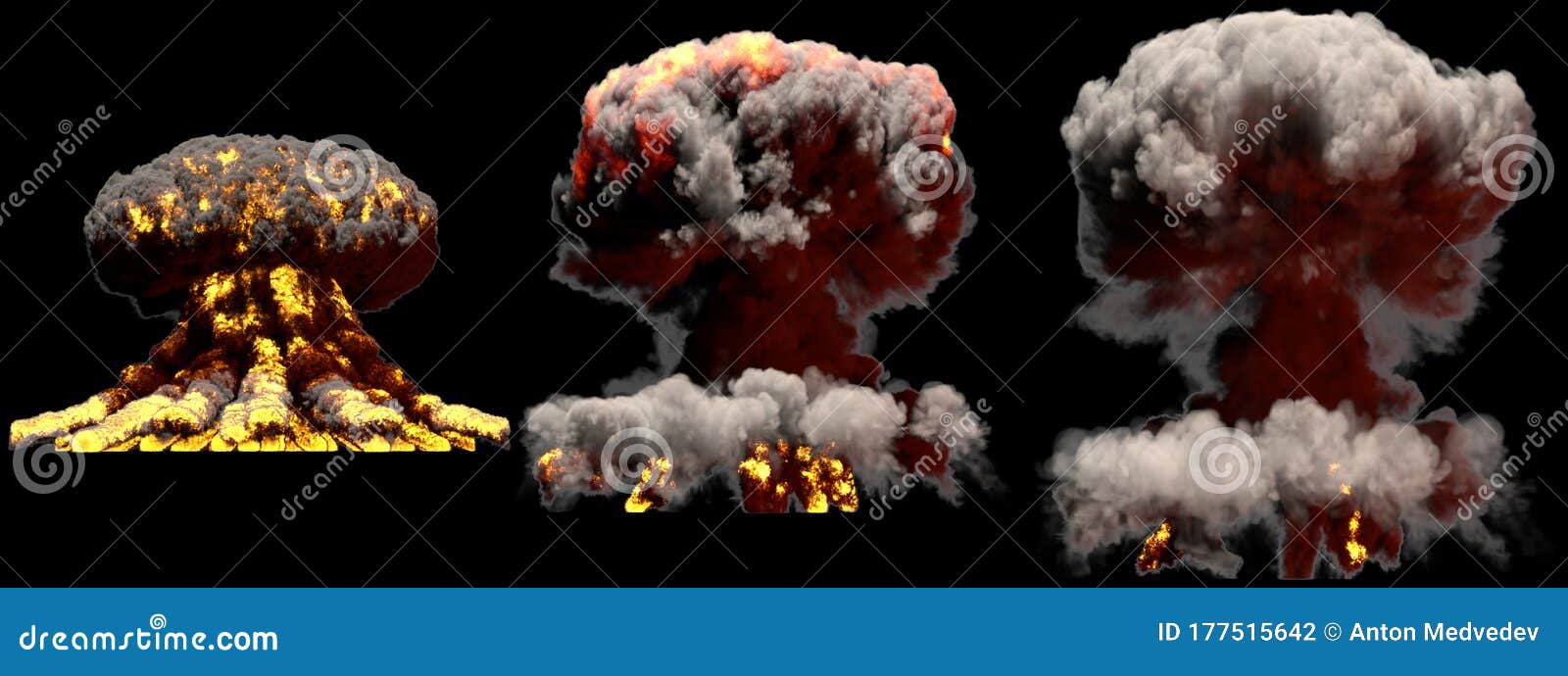3D Illustration of Explosion - 3 Large Different Phases Fire Mushroom ...