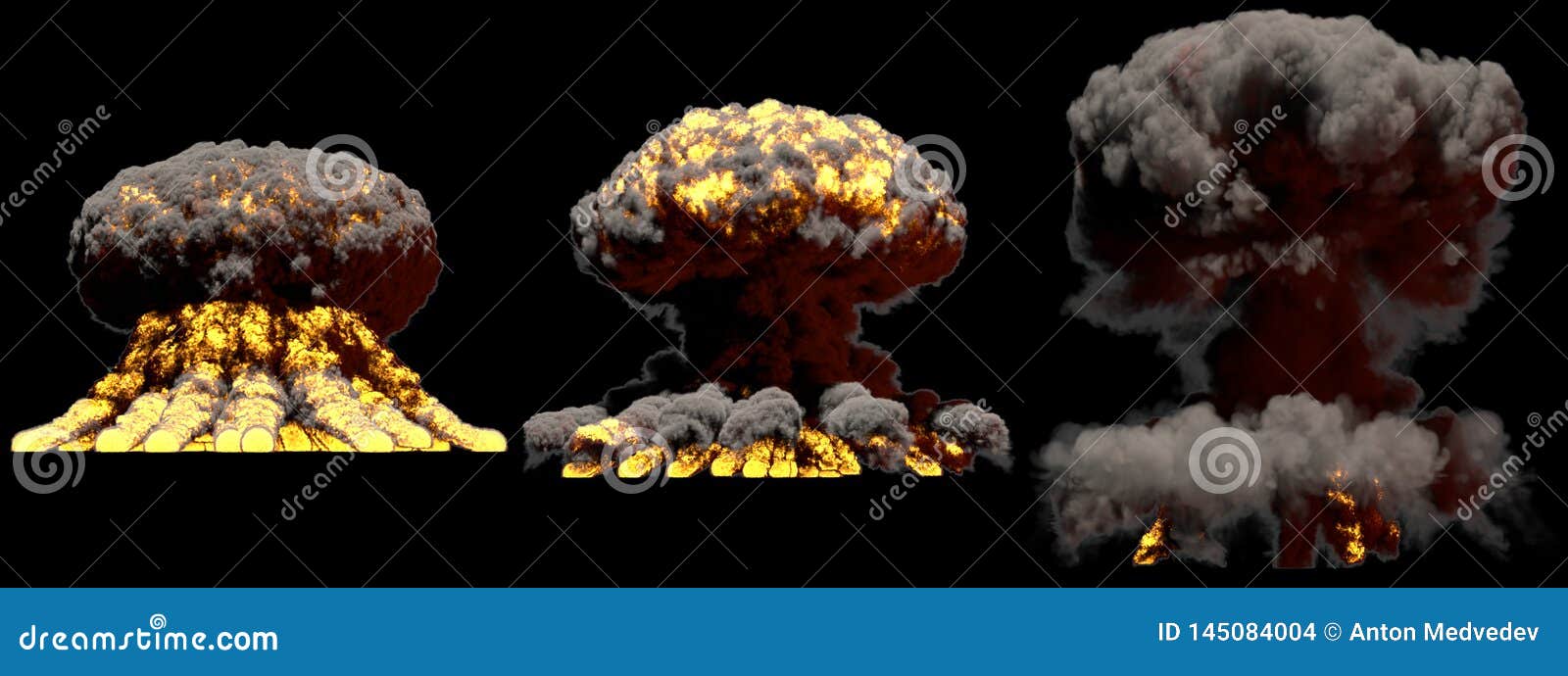 3D Illustration of Explosion - 3 Large Different Phases Fire Mushroom ...