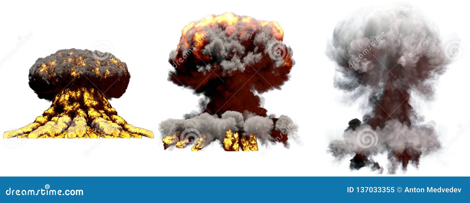 3D Illustration of Explosion - 3 Large Different Phases Fire Mushroom ...