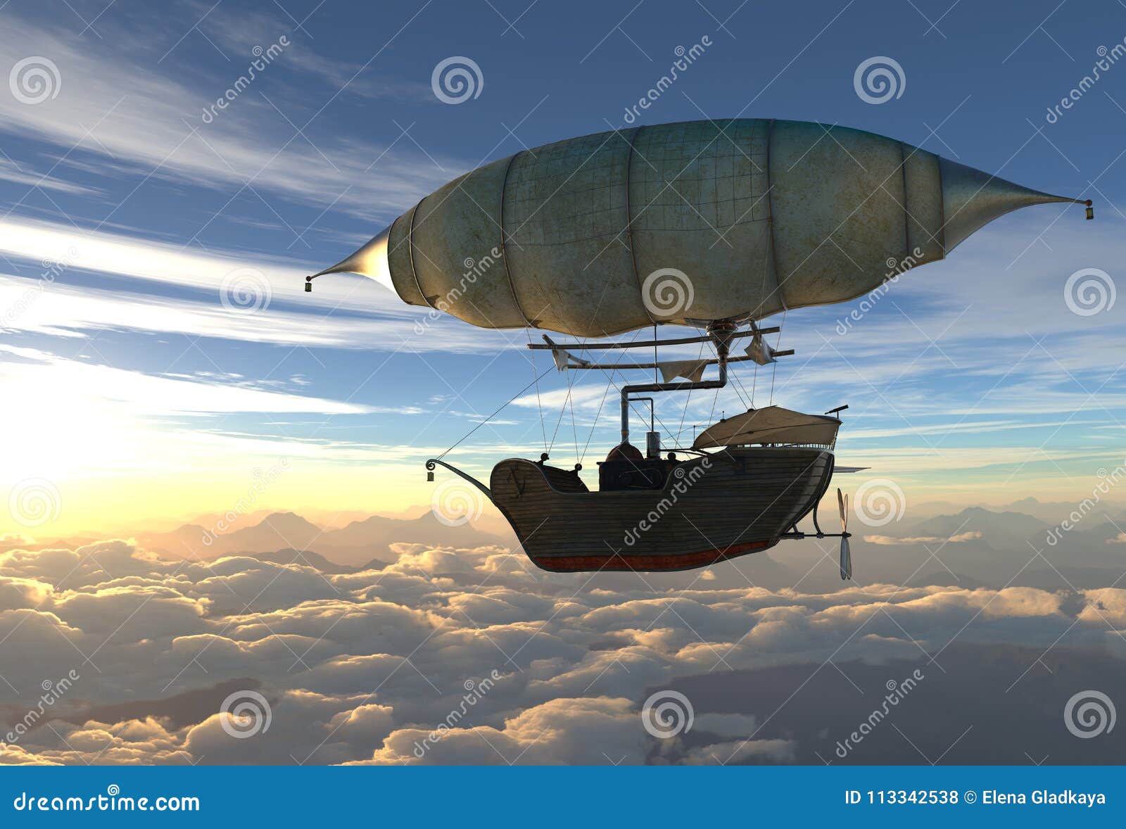 Fantasy Airship Zeppelin Dirigible Balloon 3D Illustration Stock ...