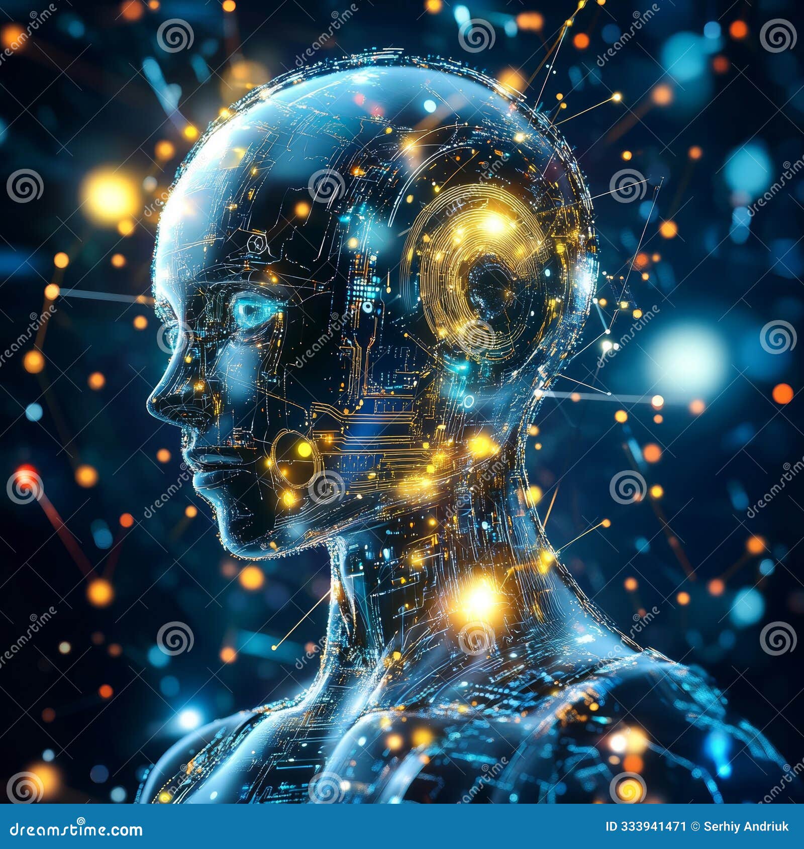 3D Illustration of a Female Cyborg Looking at the Universe. 3D ...