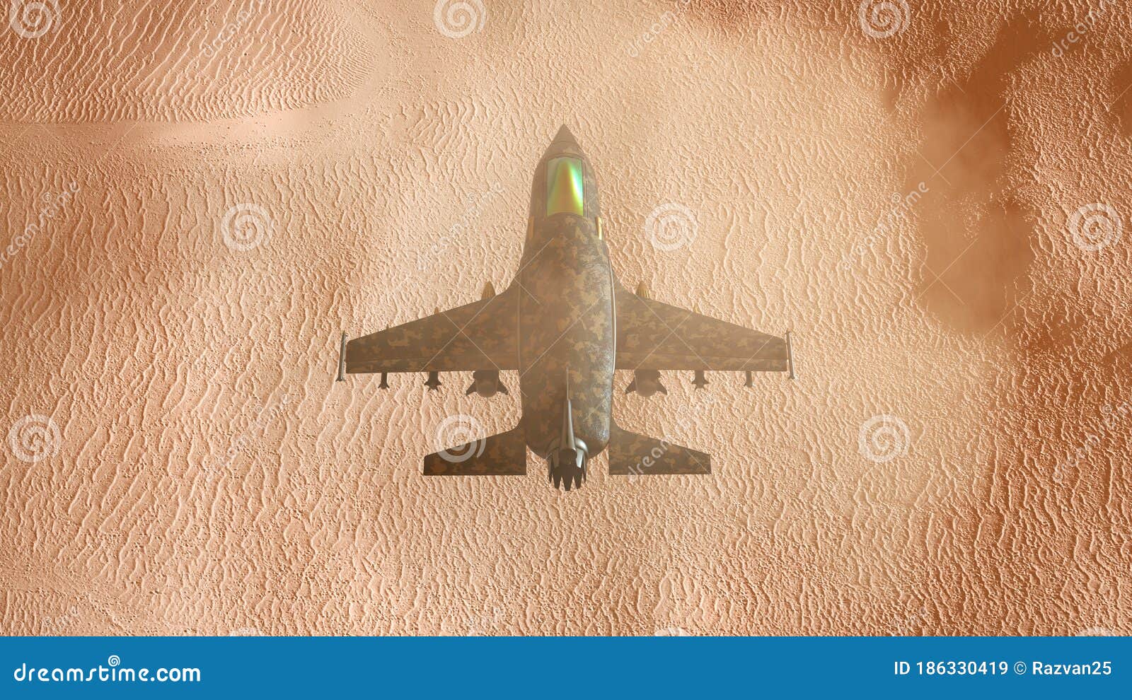 3D Illustration of a Fighter Jet Flying Over Desert Stock Illustration ...