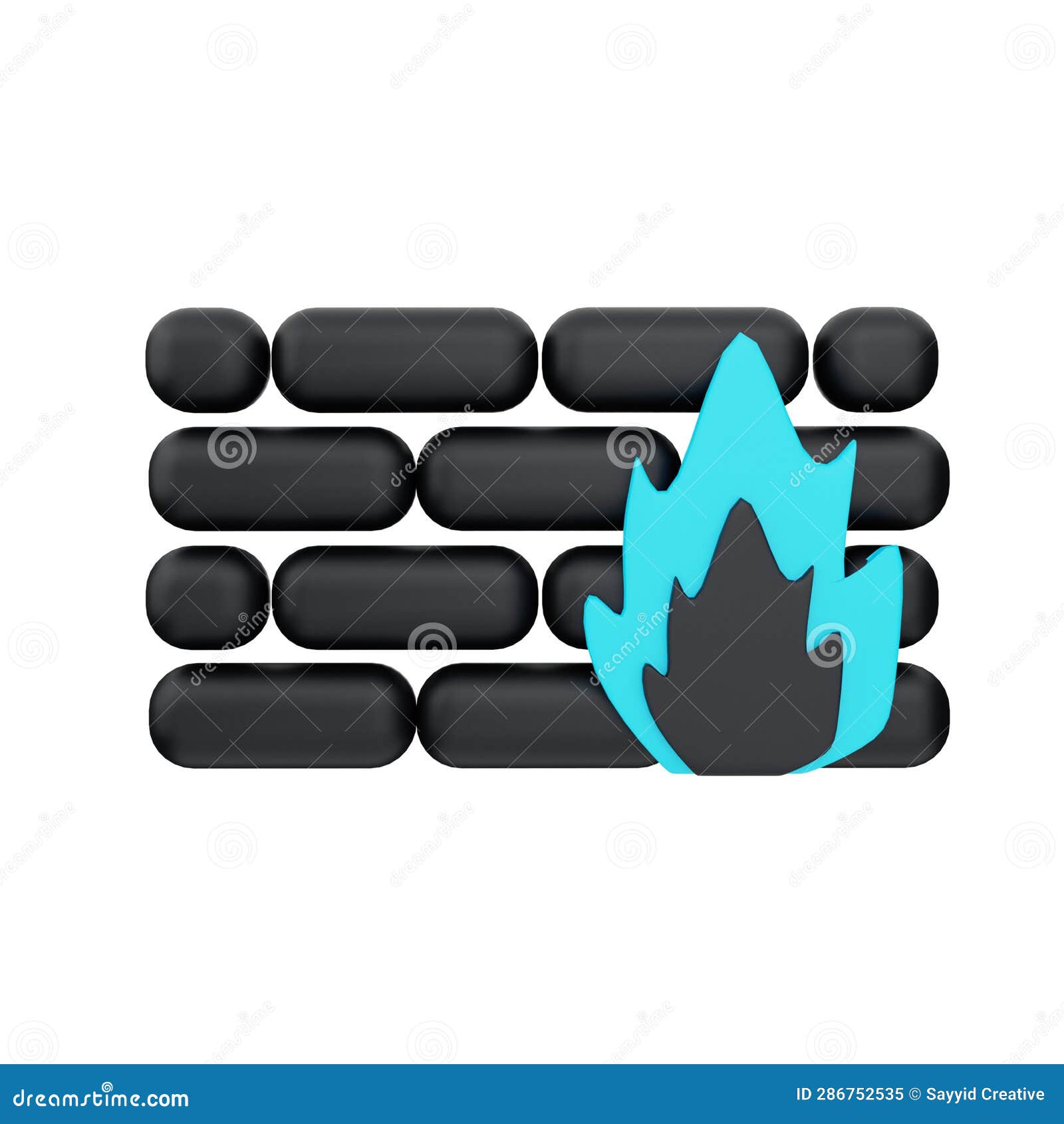 3d Illustration Firewall Object. Blue Fire on Black Brick. 3d Rendering ...