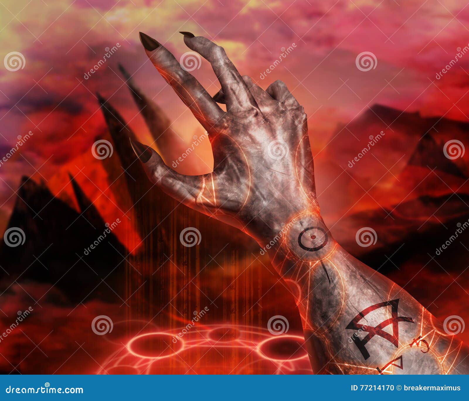 3D Illustration of a First Person View Demonic Hand Magic. Stock ...
