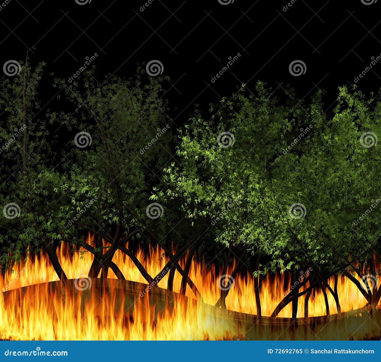 3D Illustration Forest Fire Burning, Bushfire, Wildfire Close-up at ...