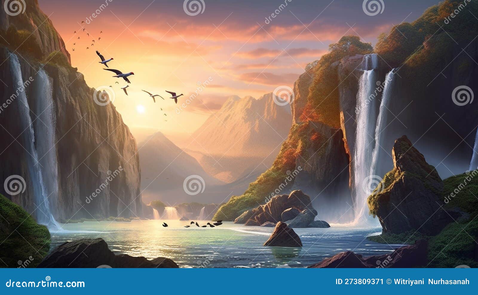3d Illustration of Forest Waterfall and Bird Stock Illustration ...